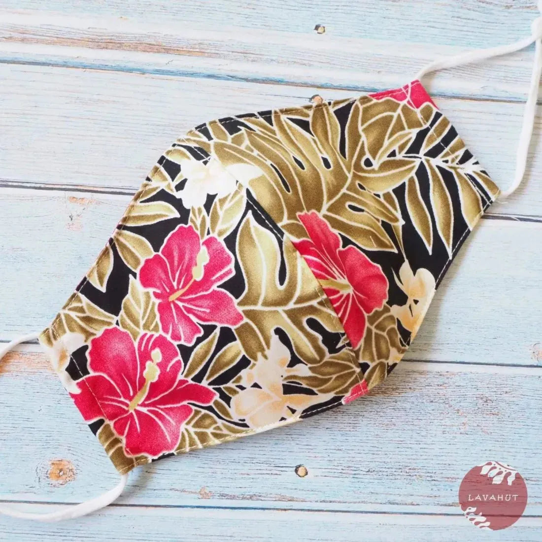 Adjustable Tropical Face Mask with Ear Loops Black Hibiscus – Lavahut