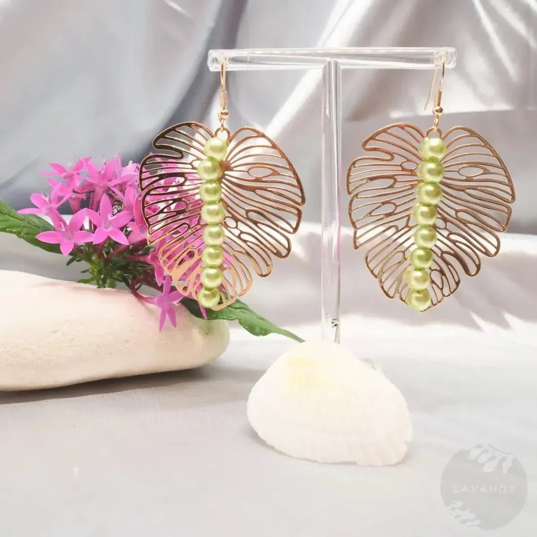 Emerald Monstera Golden Earrings for Tropical Elegance – Lavahut